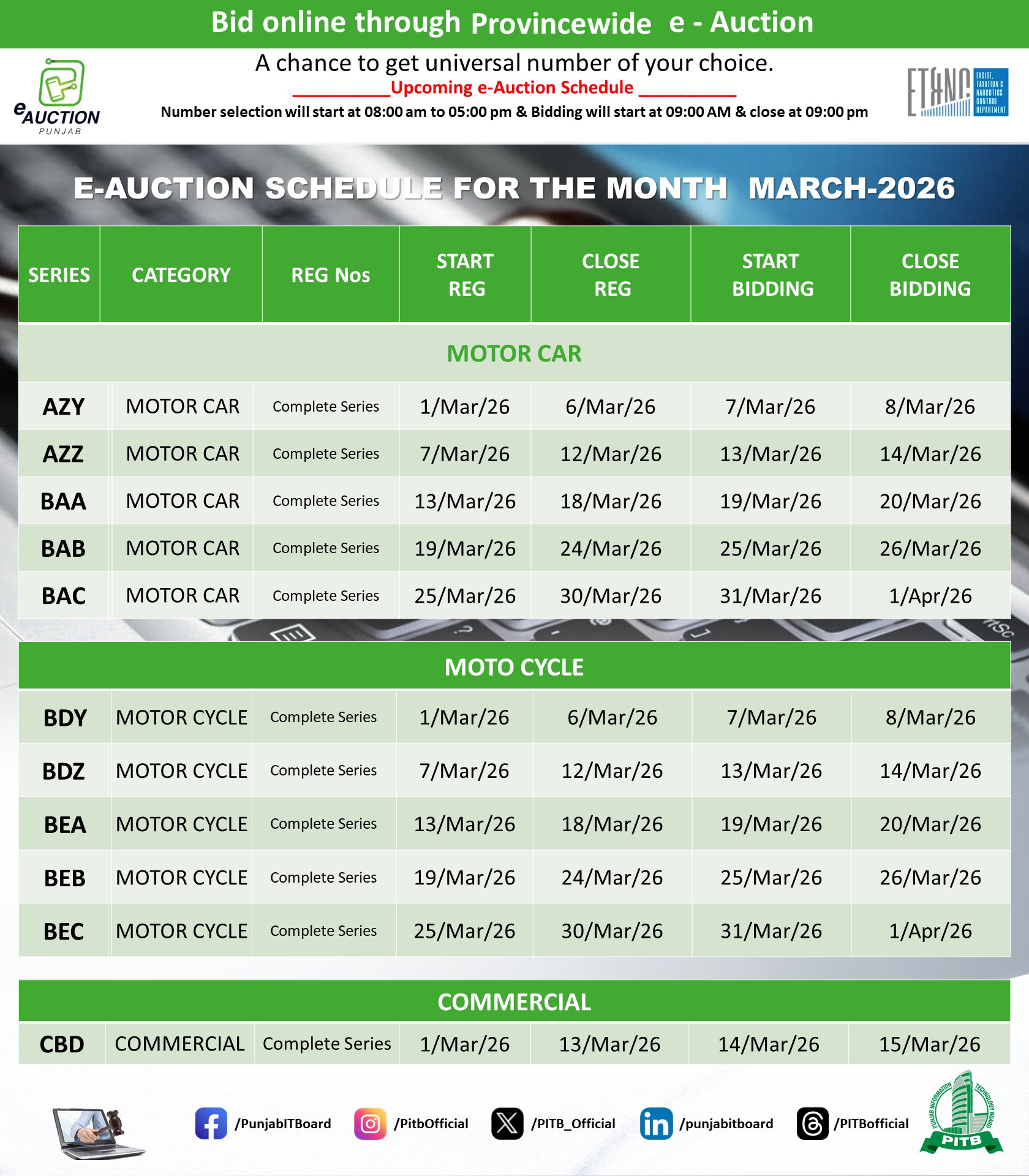 E-Auction Schedule MARCH 2026 | Excise & Taxation